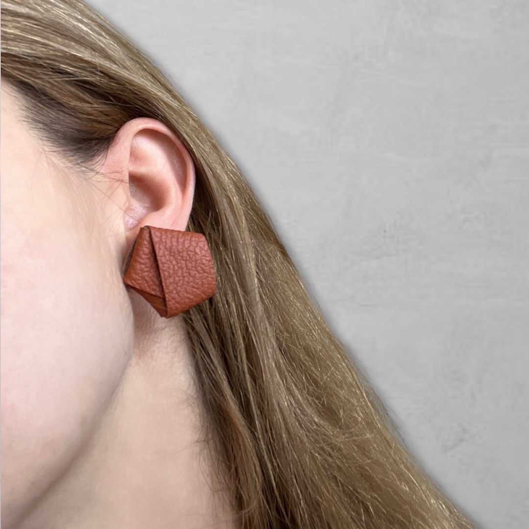 Origami Grainy Rust Brown Leather Stud Earrings - Etsy