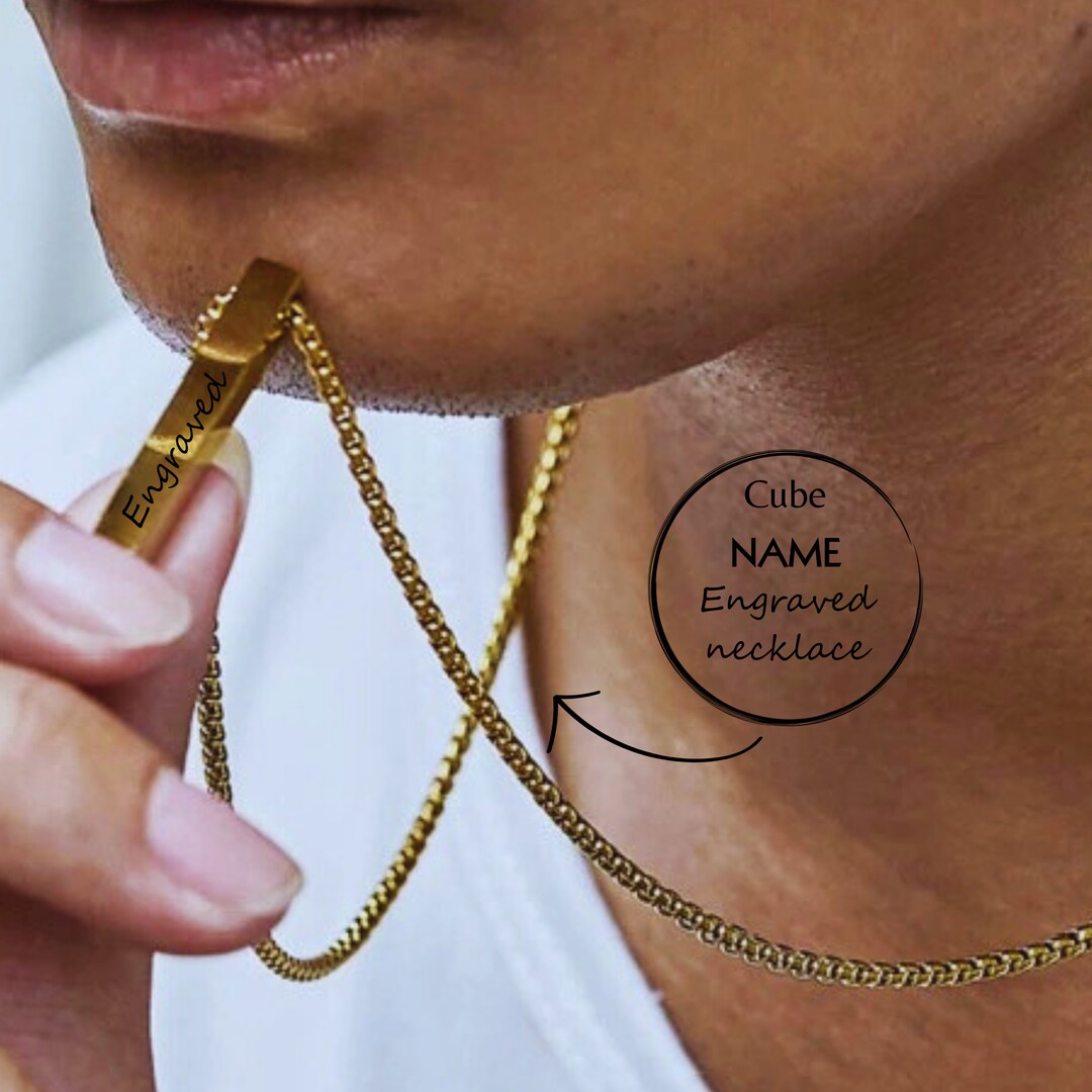 Personalized Men Bar Necklace Cube Pendant Name Engraved Necklace Thin ...