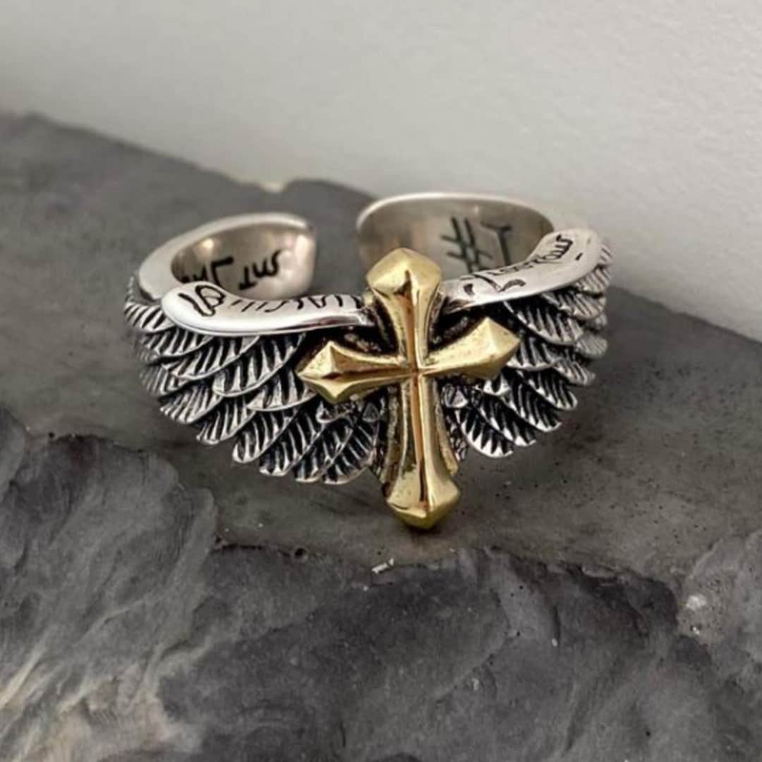 Custom Cross Men Silver Ring Wing Cross Band for Men Bold Statement ...