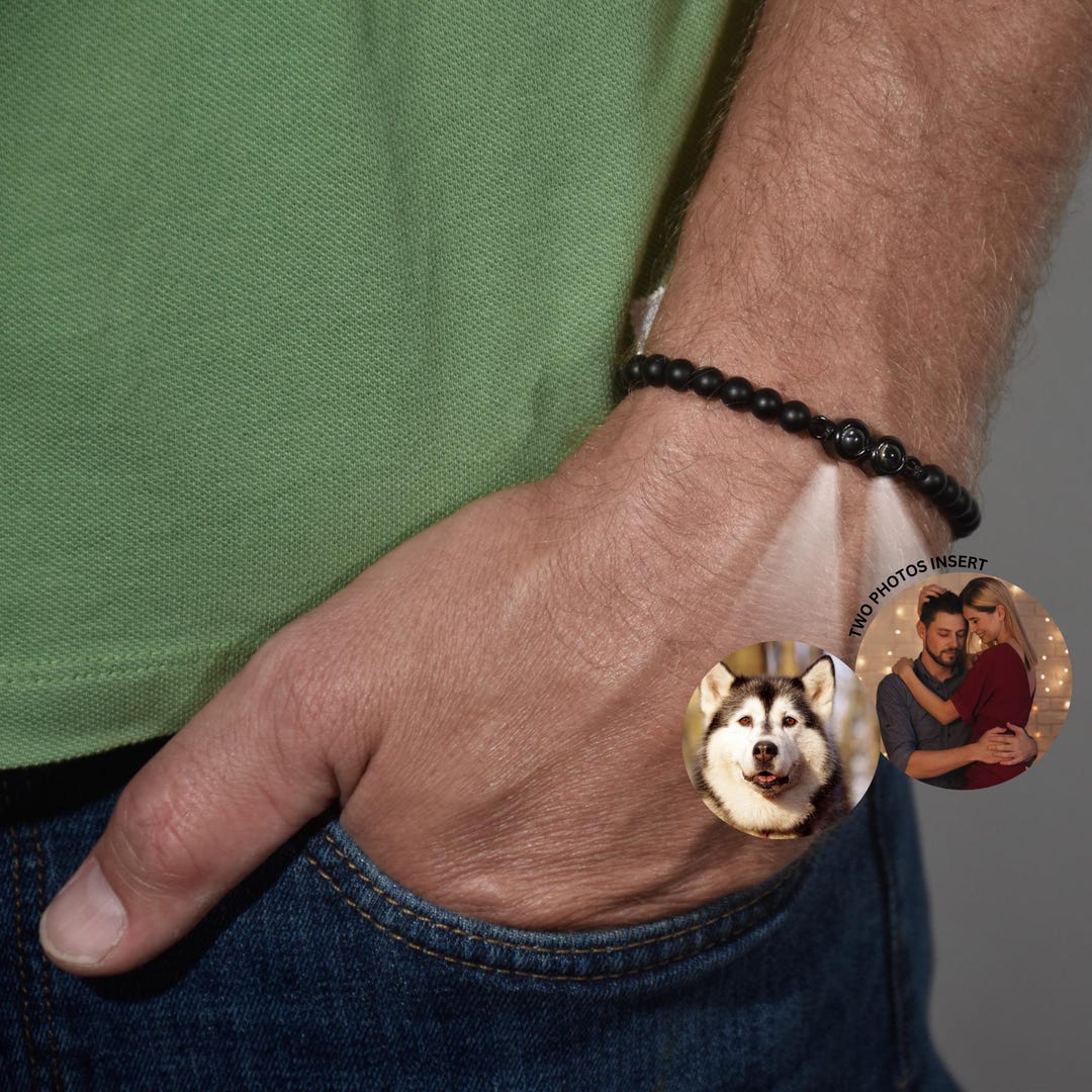 Two Photos Insert Beaded Bracelet for Men Projection Pendant for Him ...