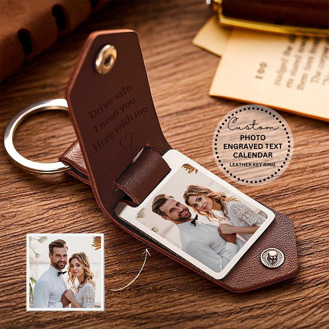 Custom Metal Couple Leather Photo Keychain, Engraved Calendar Cover, Photo Gift for Him ...