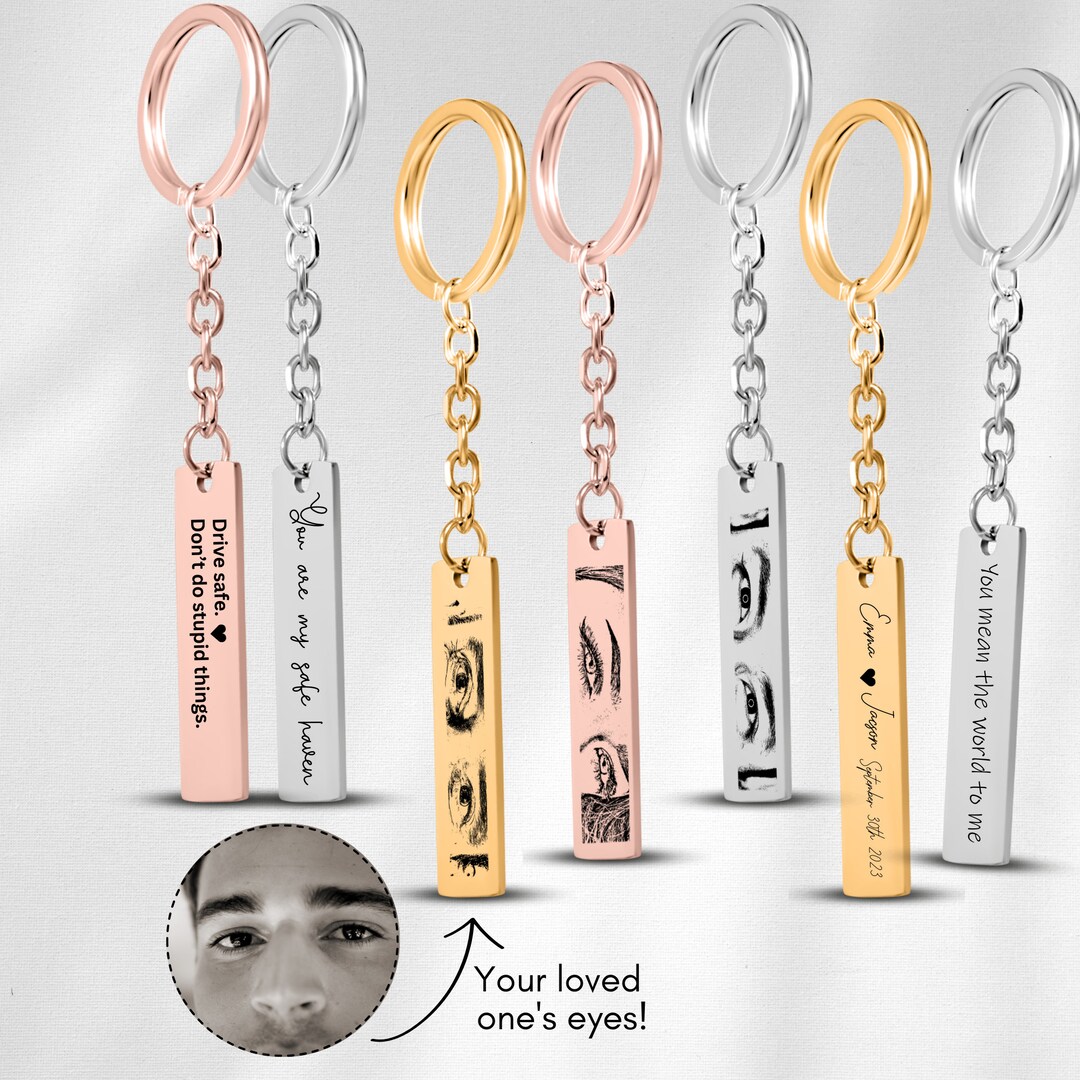 Human Eyes Photo Engraved Keychain for Men Vertical Rectangle Bar Chain ...