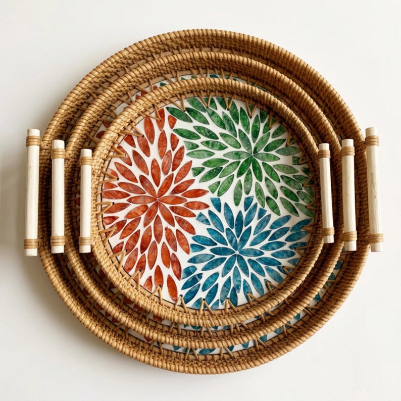 Handmade Rattan Tray Mother of Pearl Inlay Boho Shell Home Decor Leaf ...