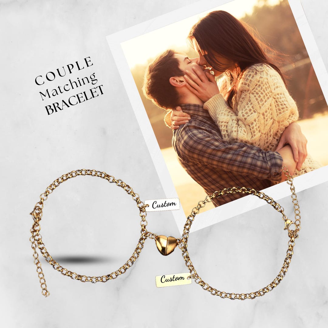 Custom Paired Heart Magnetic Couple Bracelets Personalized Text Symbol ...