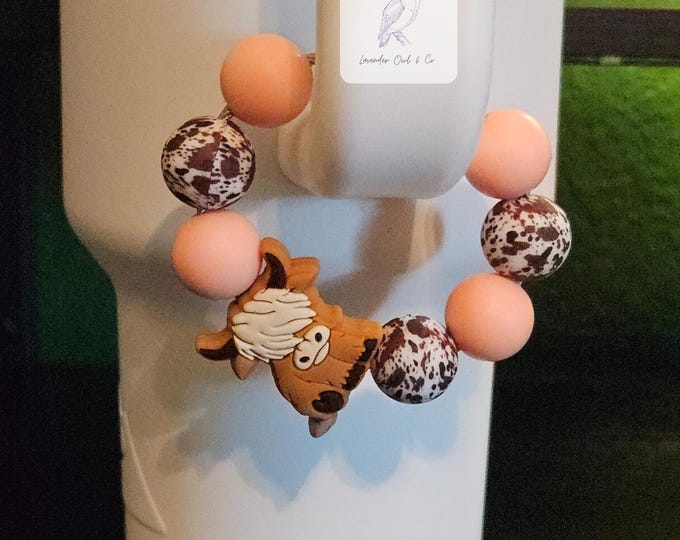 Highland Cow Peach Cow Print Tumbler Cup Charm | Western Beaded Stanley ...
