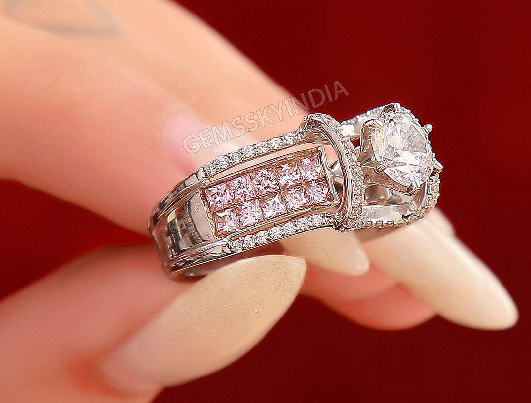2.46 WTC Round Pink Princess Stone Cubic Zirconia Diamond Engagement Ring,14k Solid White Gold ...
