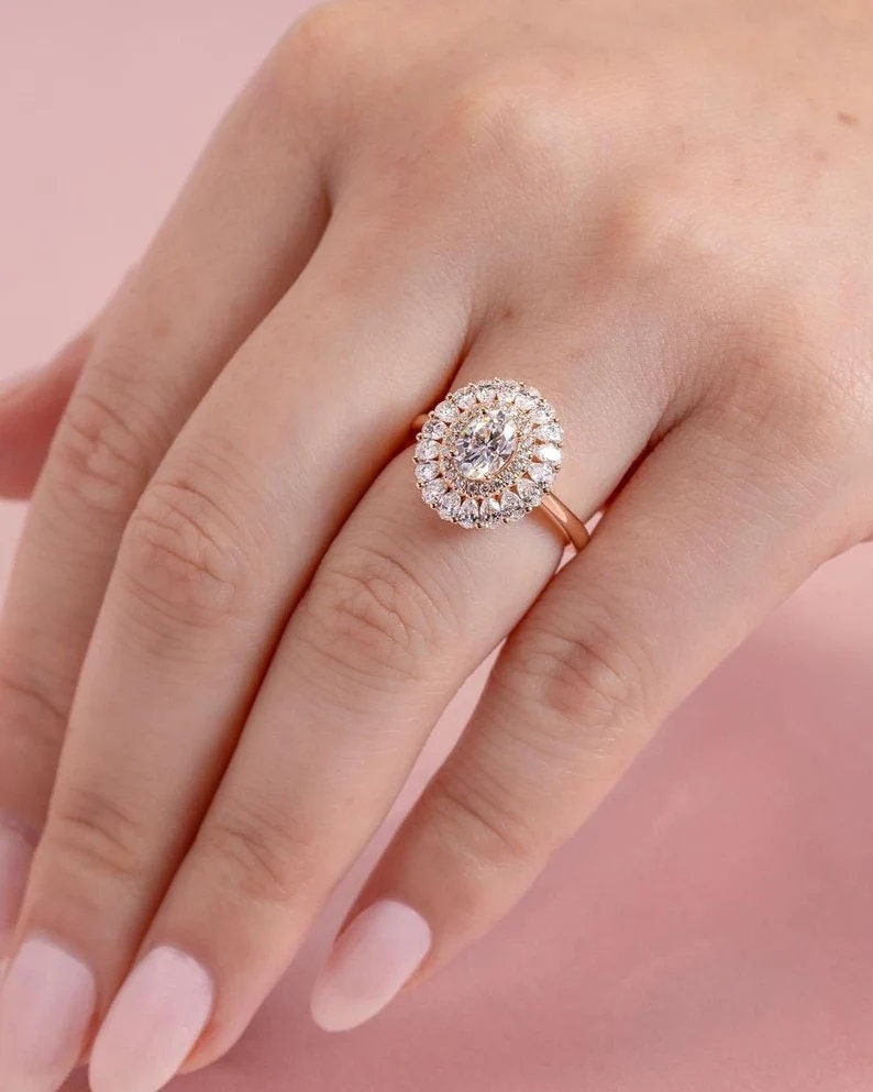 Oval Cut Halo Moissanite Engagement Ring Halo Ring Oval Cut
