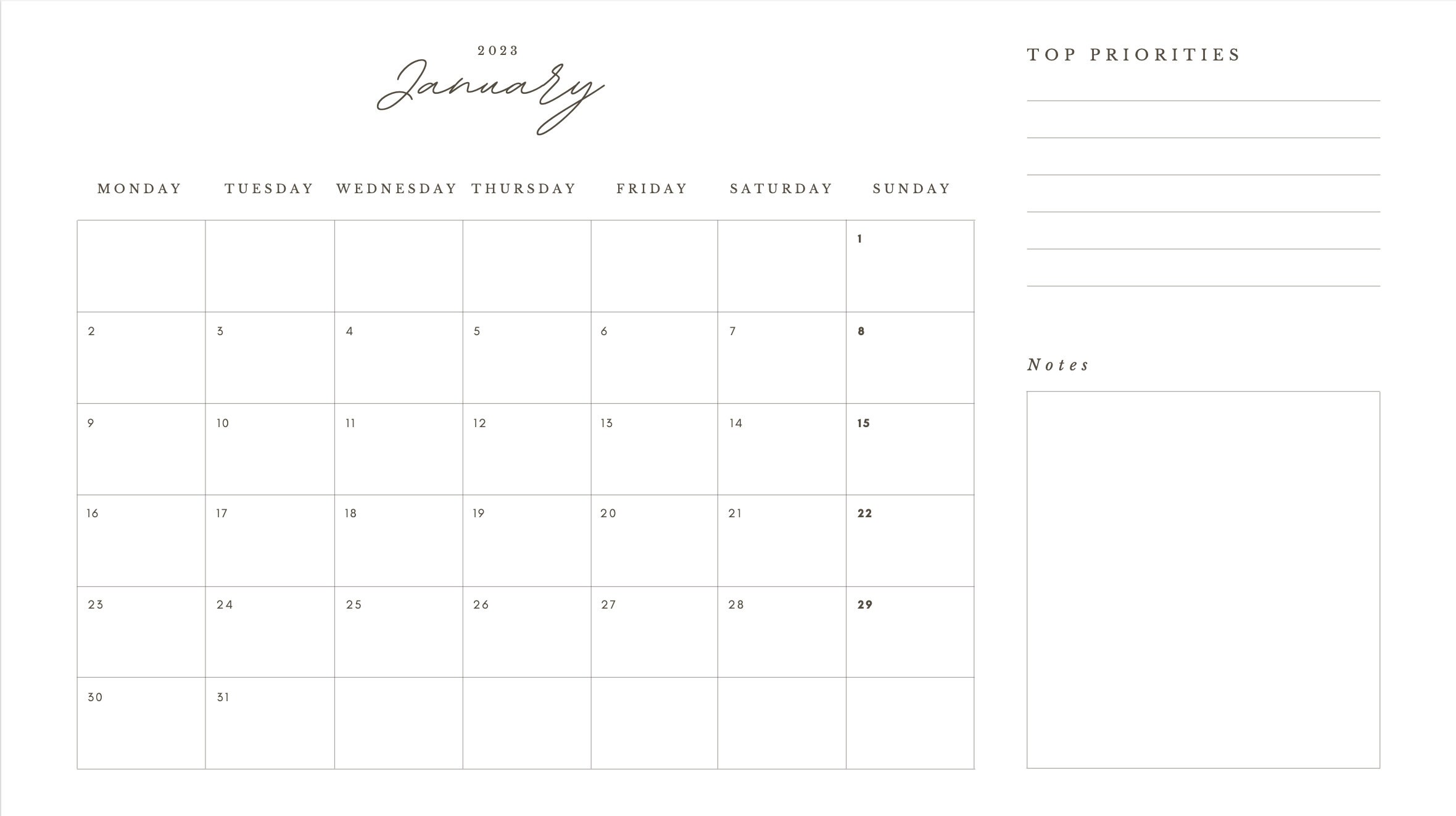Manageable Monthly Calendar, Instant Download, Printable Calendar, 12 ...