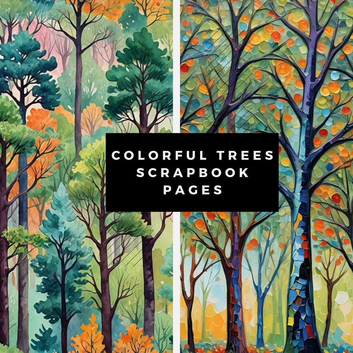 13 Printable Scrapbook Sheet Colorful Trees Decorative Craft Paper Junk ...