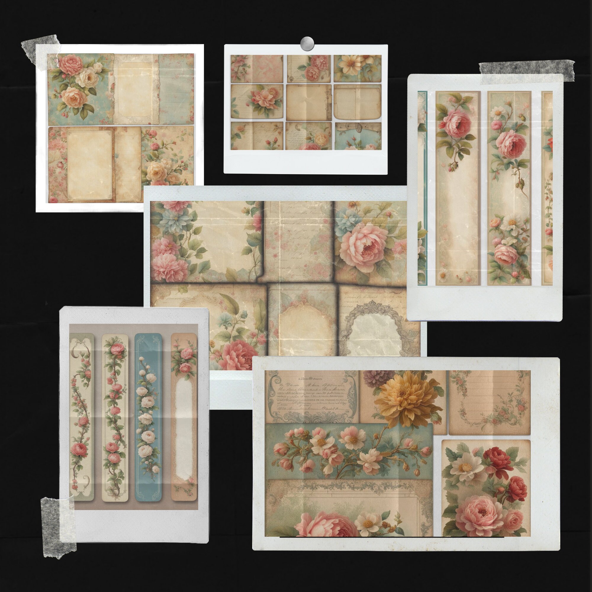 12 Printable Scrapbook Sheets Antique Roses Bookmarks Paper Crafts Junk ...