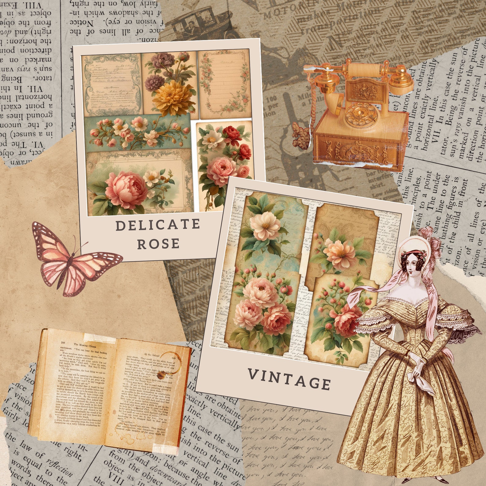 12 Printable Scrapbook Sheets Antique Roses Bookmarks Paper Crafts Junk ...