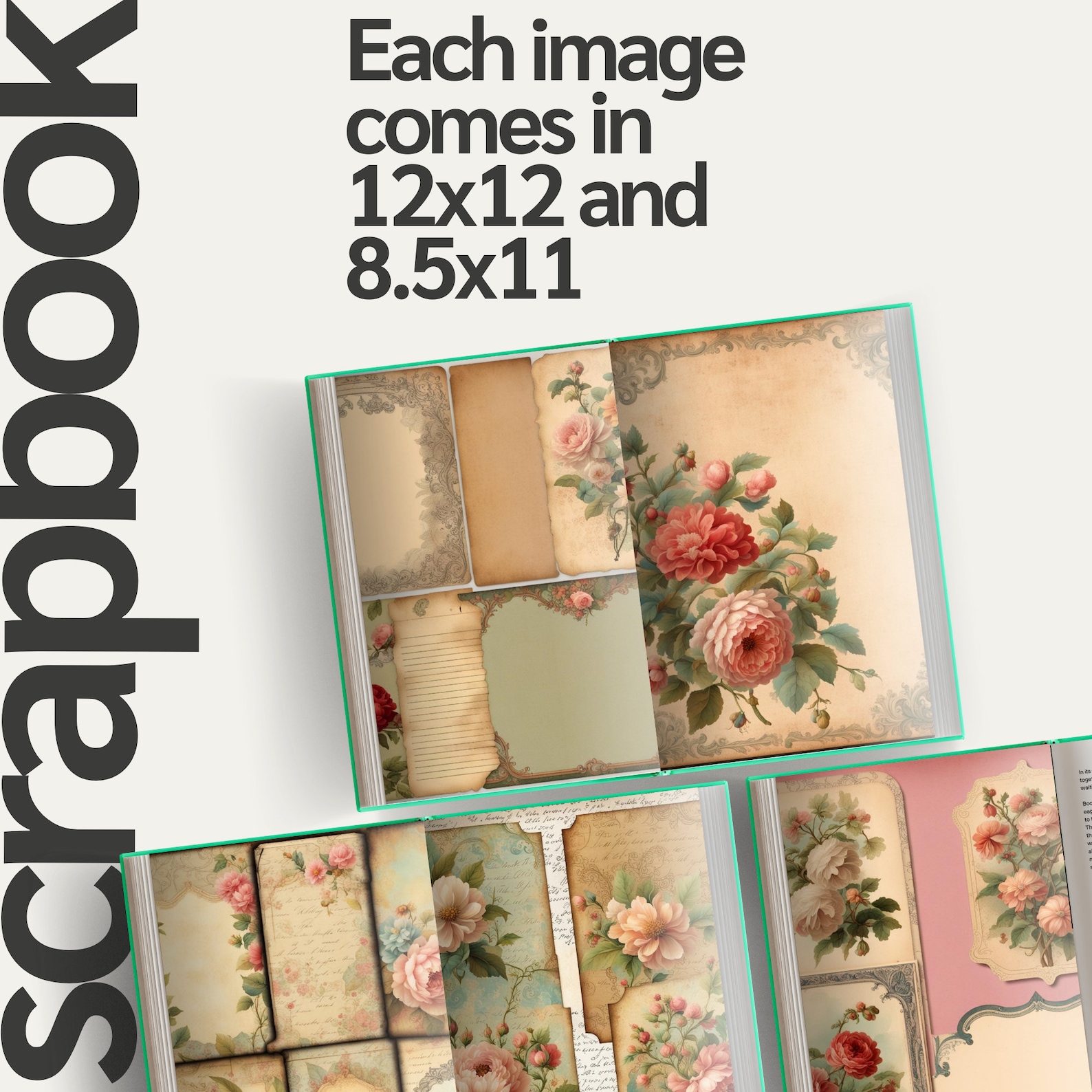 12 Printable Scrapbook Sheets Antique Roses Bookmarks Paper Crafts Junk ...
