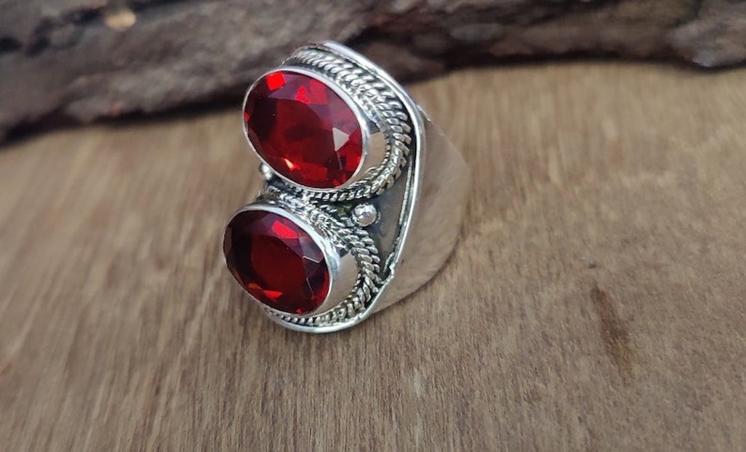 Two Garnets Ring 925 Sterling Silver Bridal Gift Special - Etsy