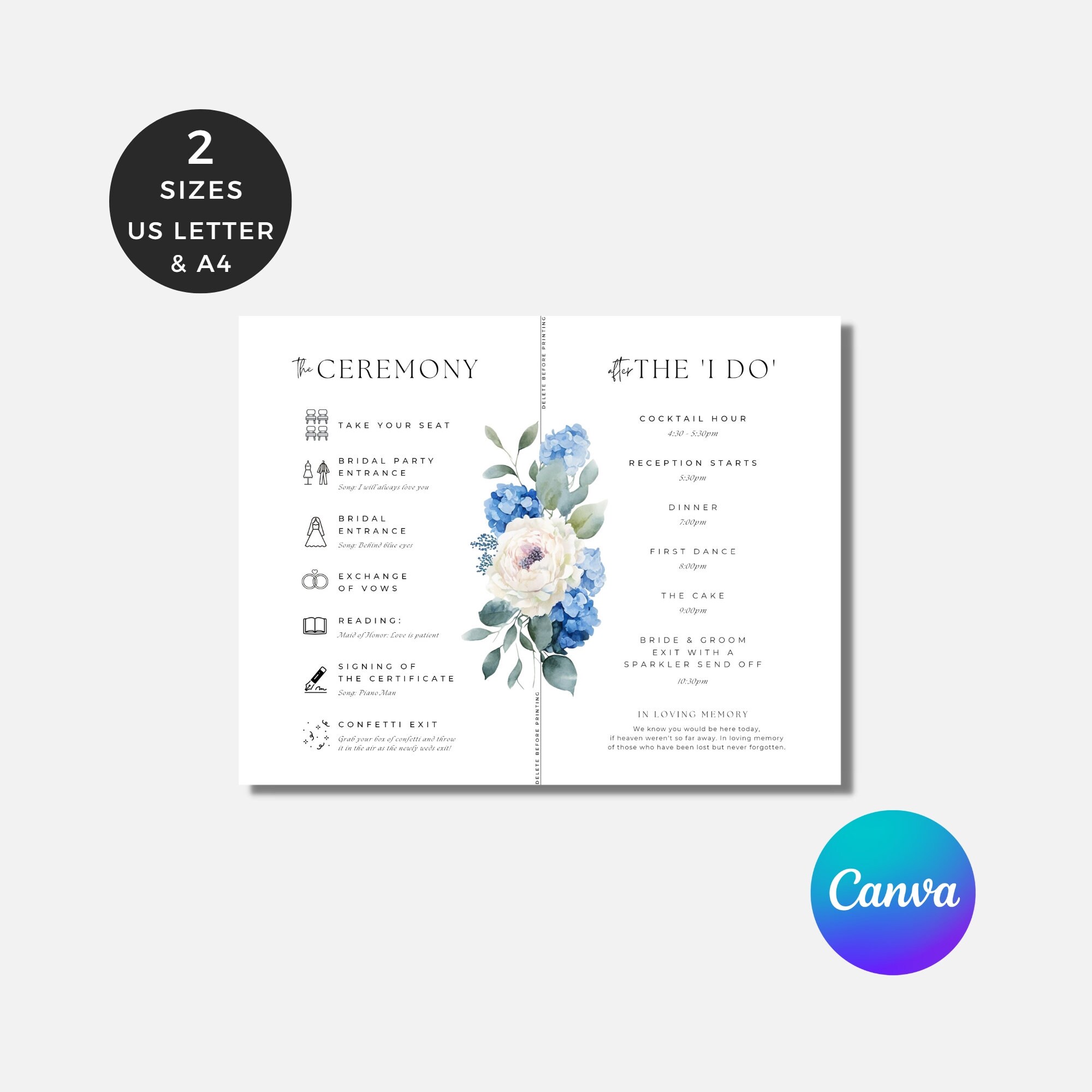 Hydrangea Wedding Program Blue Flower Church Program Wedding - Etsy