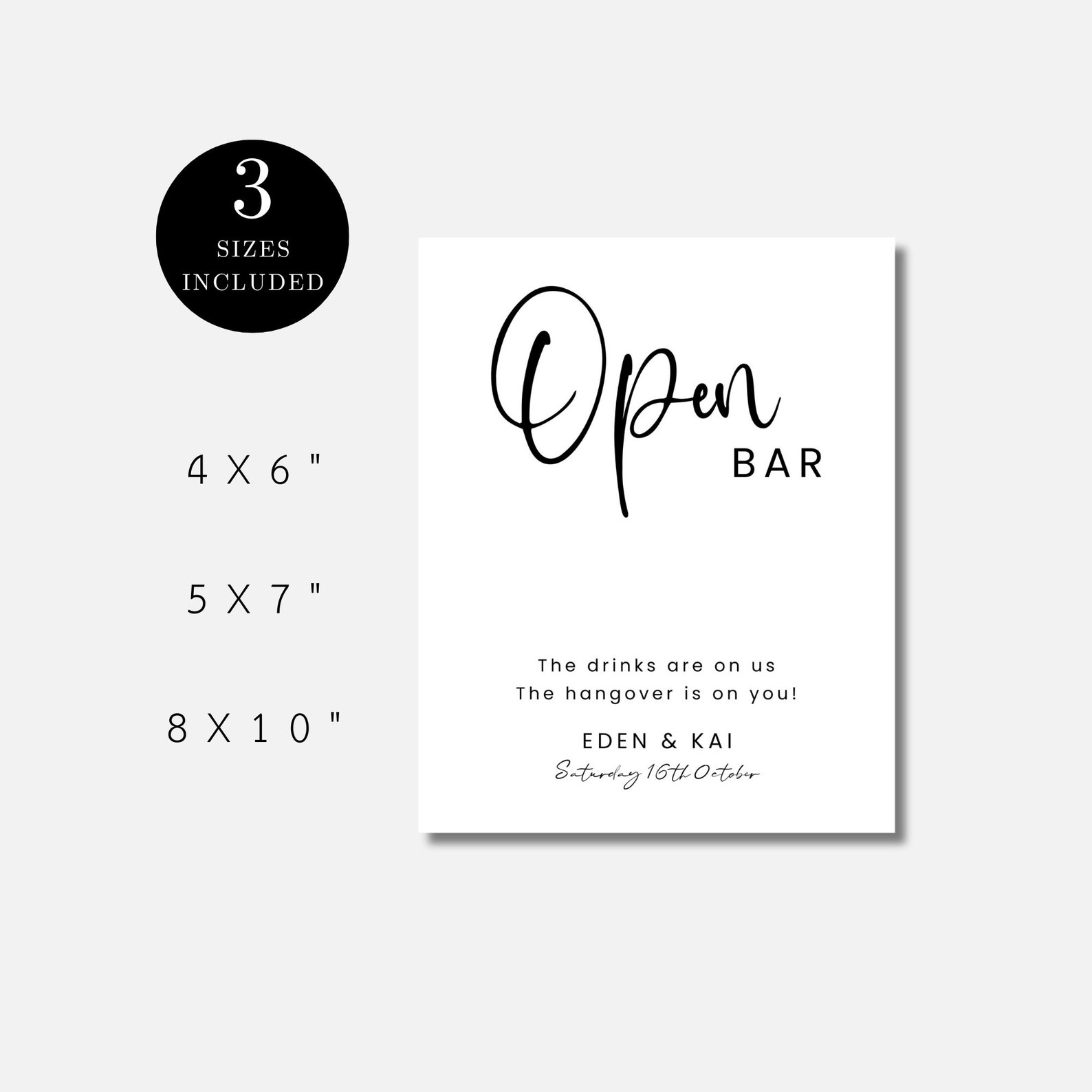 Downloadable Wedding Drink Sign, Open Bar Editable Canva Template ...