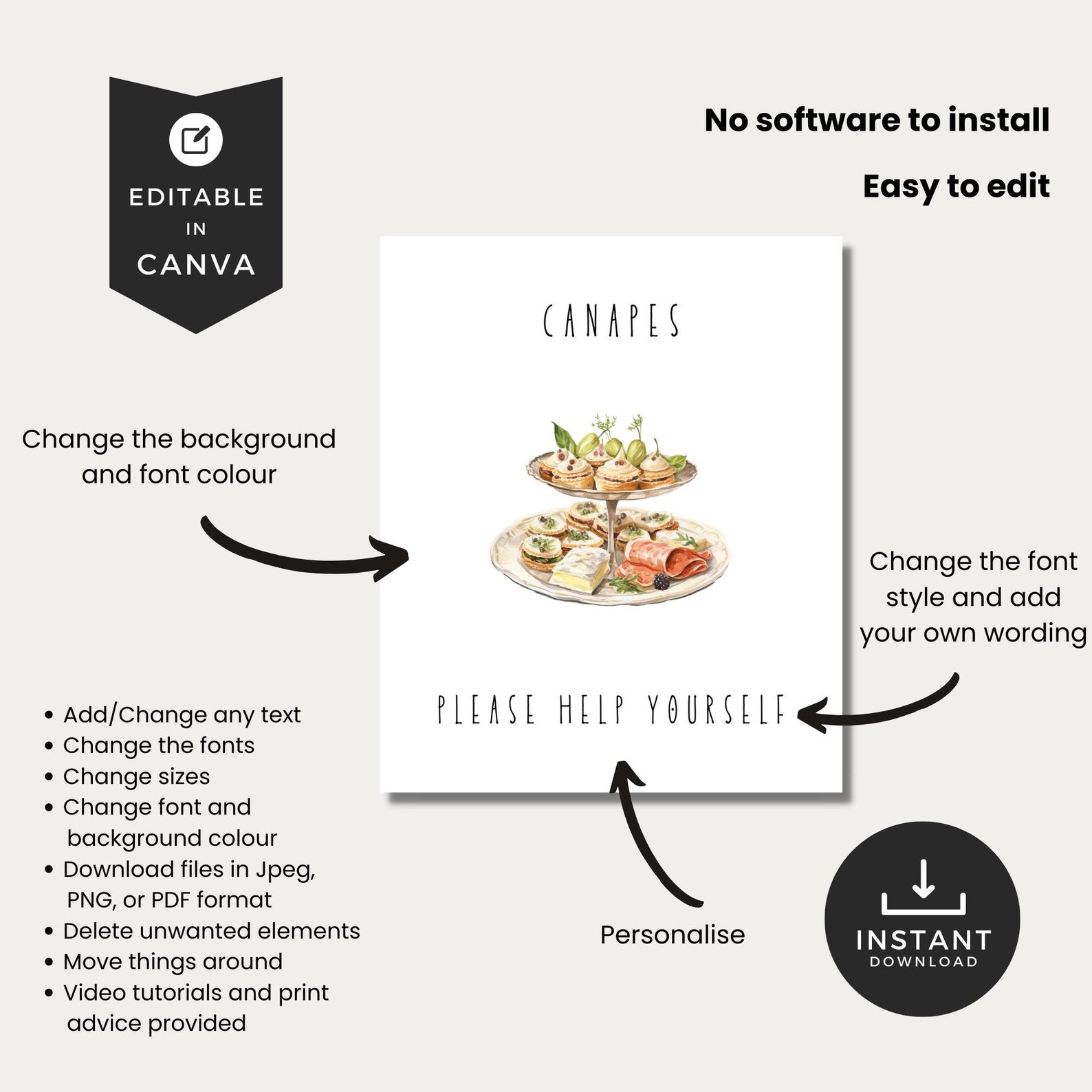 Food Menu Wedding Sign, Canapes Buffet Signs, Editable Canva Template ...