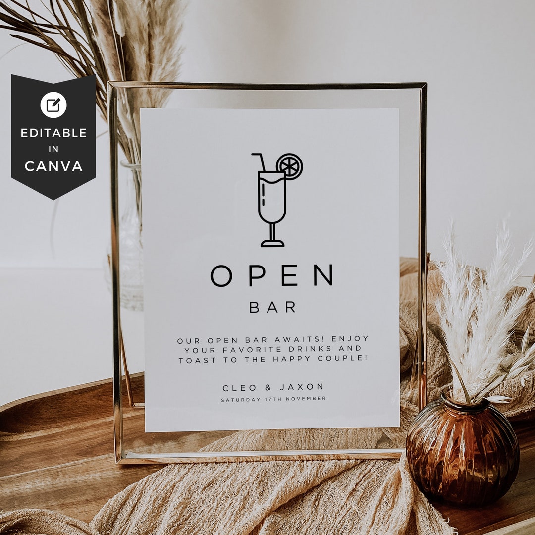 Open Bar Sign Drinks on Us, Free Alcoholic Drink Sign for Wedding, Bar ...