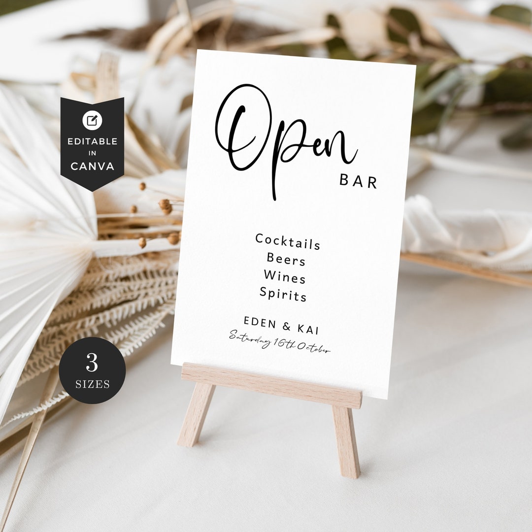 Downloadable Wedding Drink Sign, Open Bar Beer and Wine Editable ...