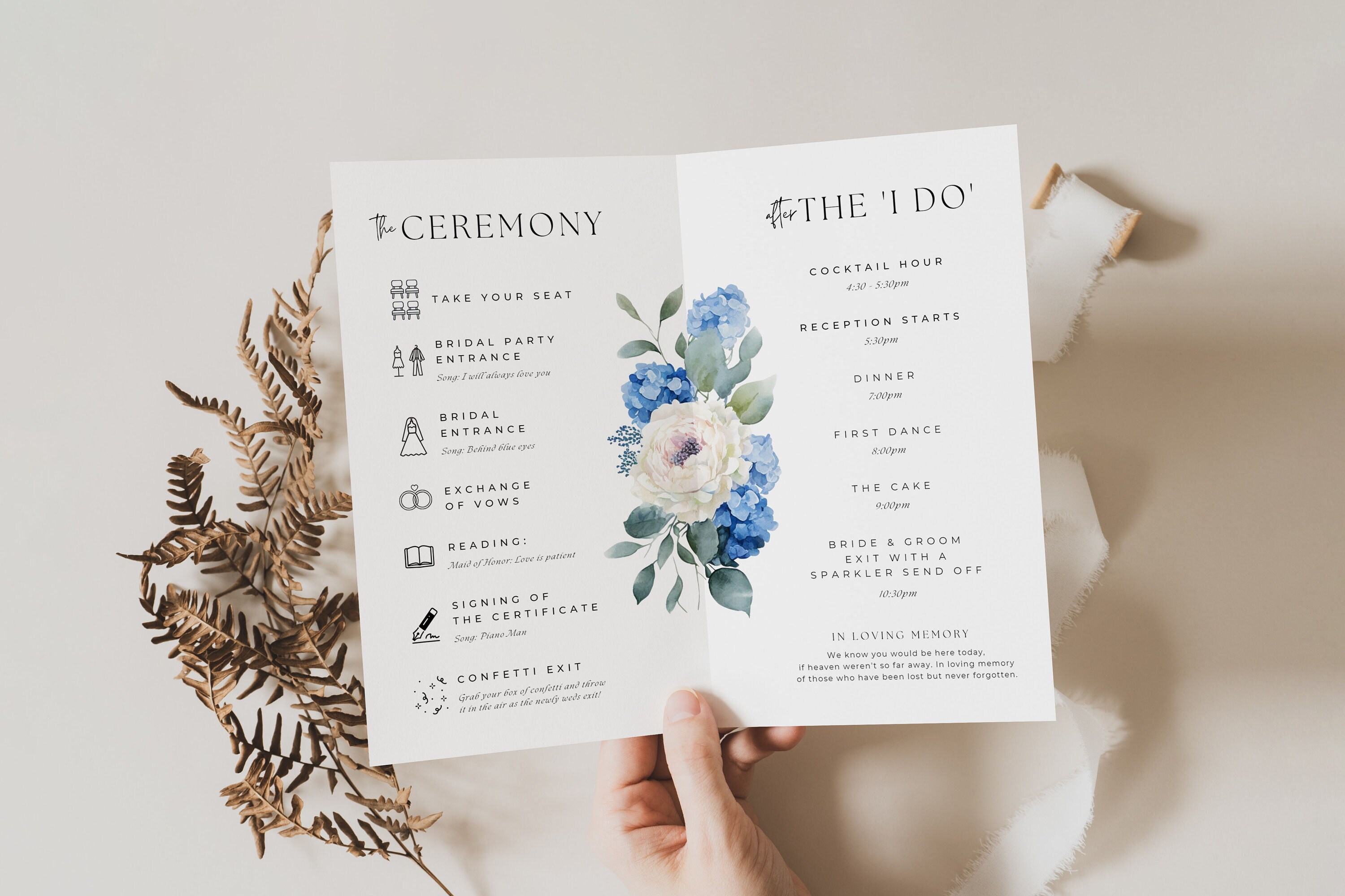 Hydrangea Wedding Program, Blue Flower Church Program Wedding Fold, Canva Editable Template ...