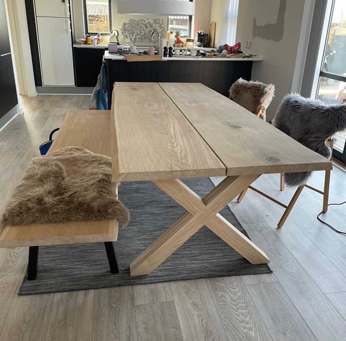 Solid Oak Wood Table Top 2,2m With X Oak Legs, Kitchen Dining Table, Outdoor Table, Live Egde ...