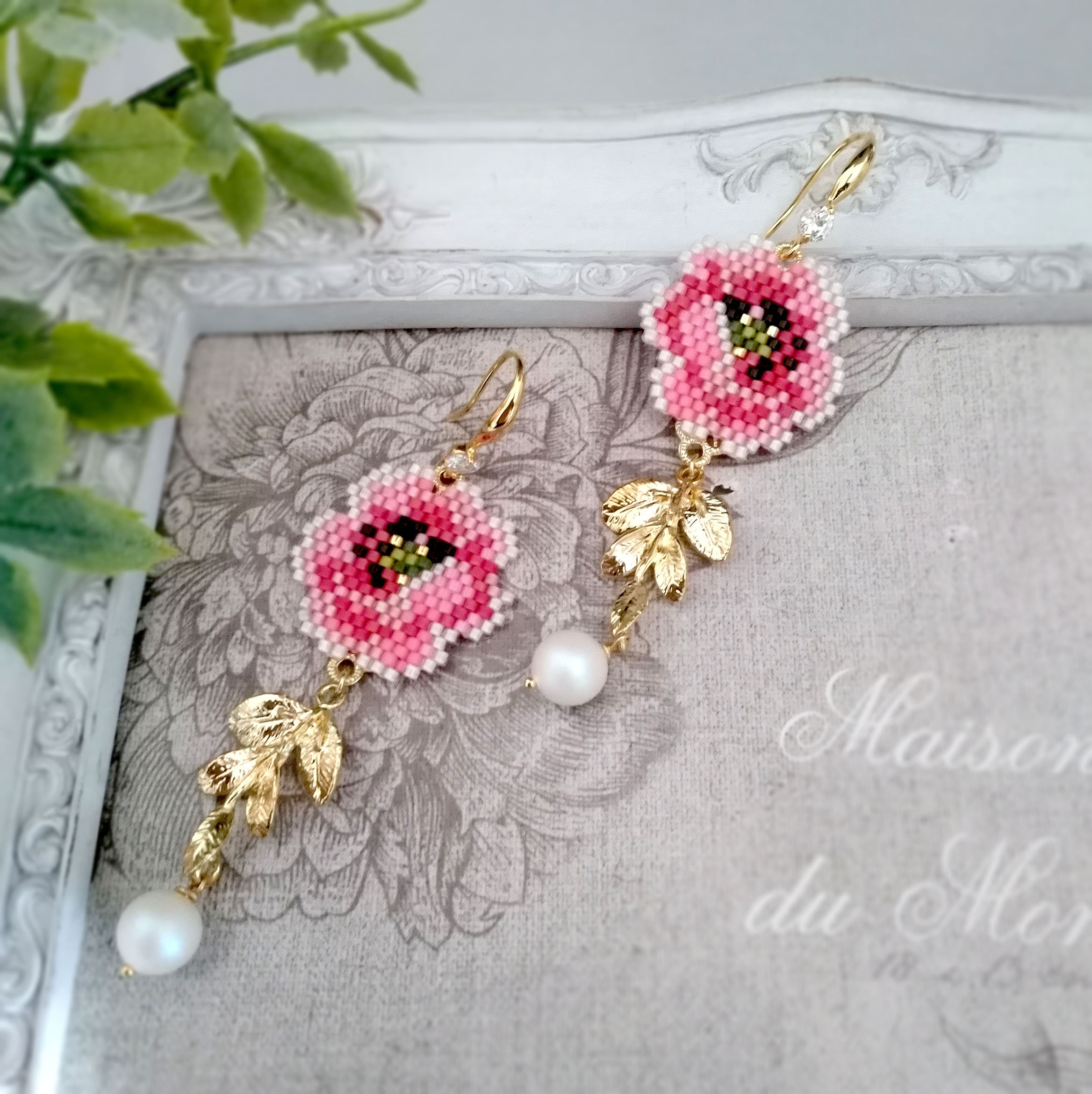 Pink Floral Bridal Earrings Mosaic Beaded Flowers Gold Plated 24k ...