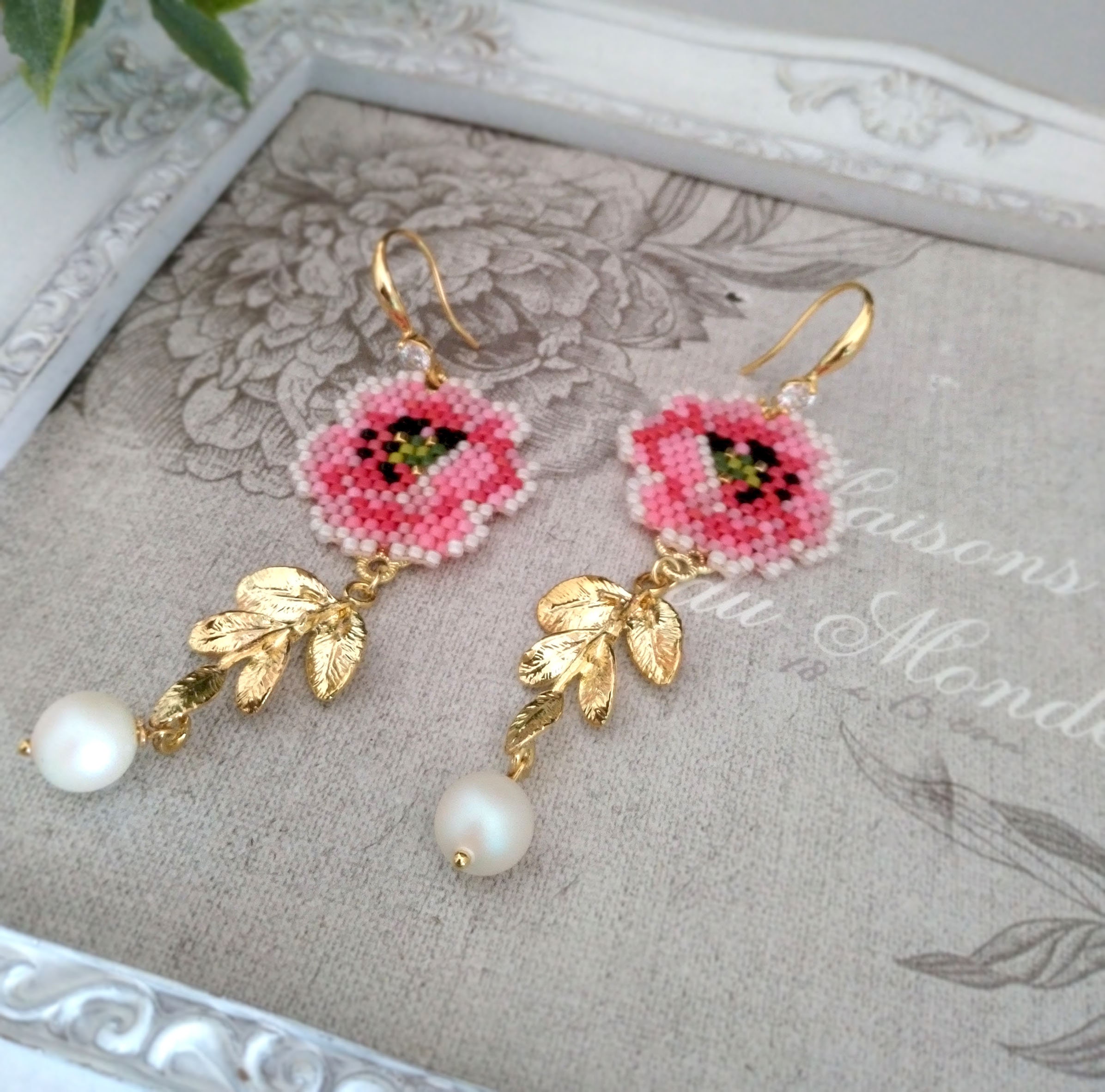 Pink Floral Bridal Earrings Mosaic Beaded Flowers Gold Plated 24k ...