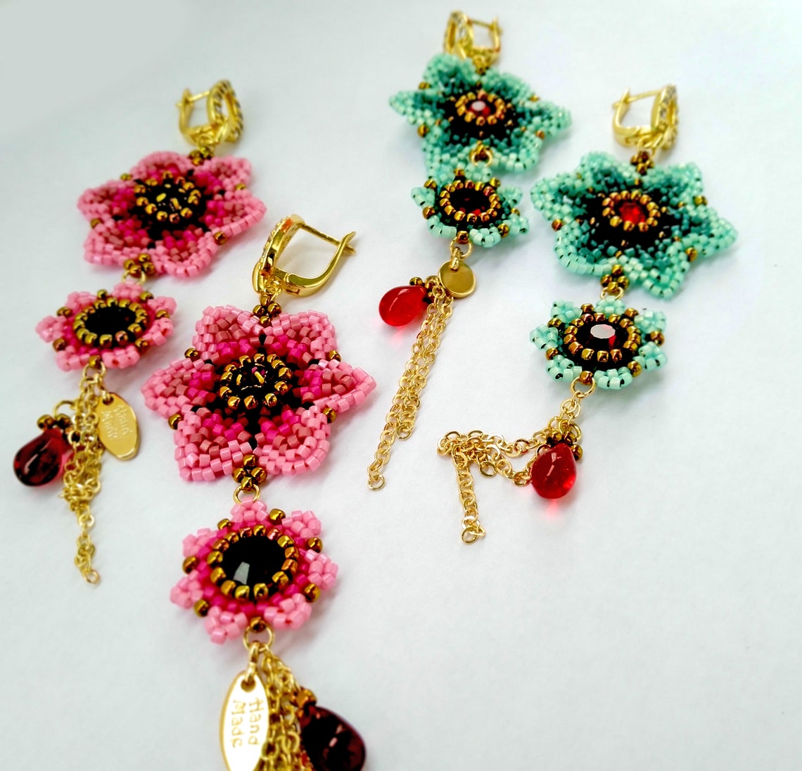 Tutorial Beading Delica Pink Flowers Earrings, Beaded Pattern Making ...
