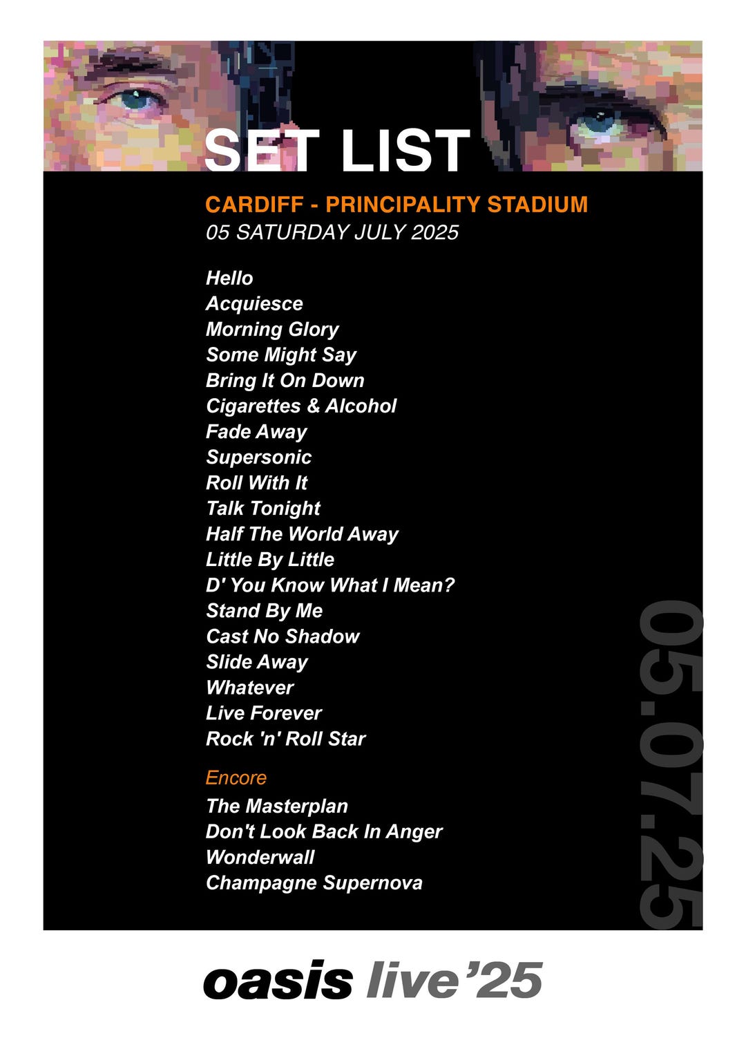 Oasis Gig Set List Poster - Cardiff Principality Stadium Sat 05 July ...