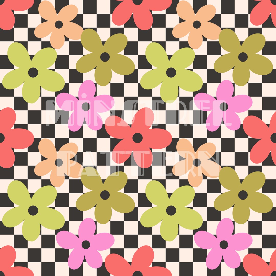 Funky Flower With Checkered Seamless Pattern for Fabric Printing ...