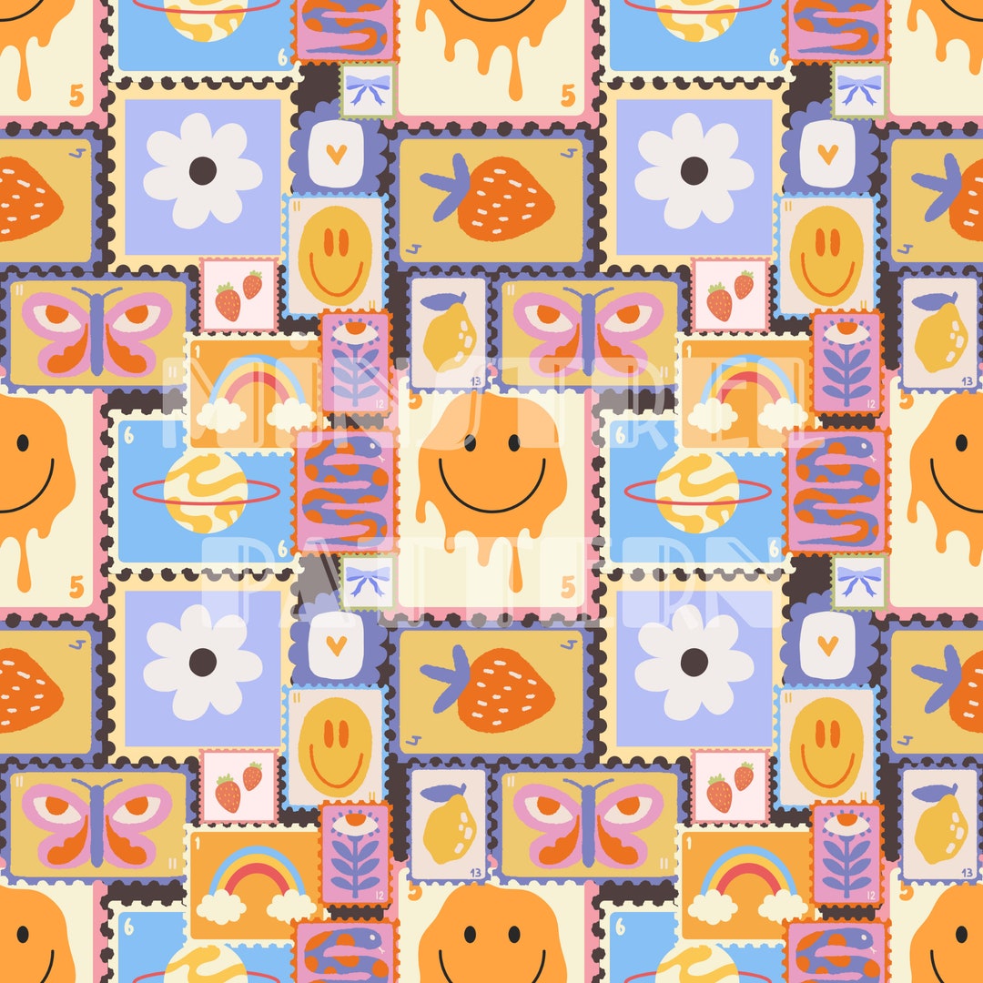 Retro 70s Groovy Postage Stamp Seamless Pattern for Fabric Printing Sublimation, Sublimation ...