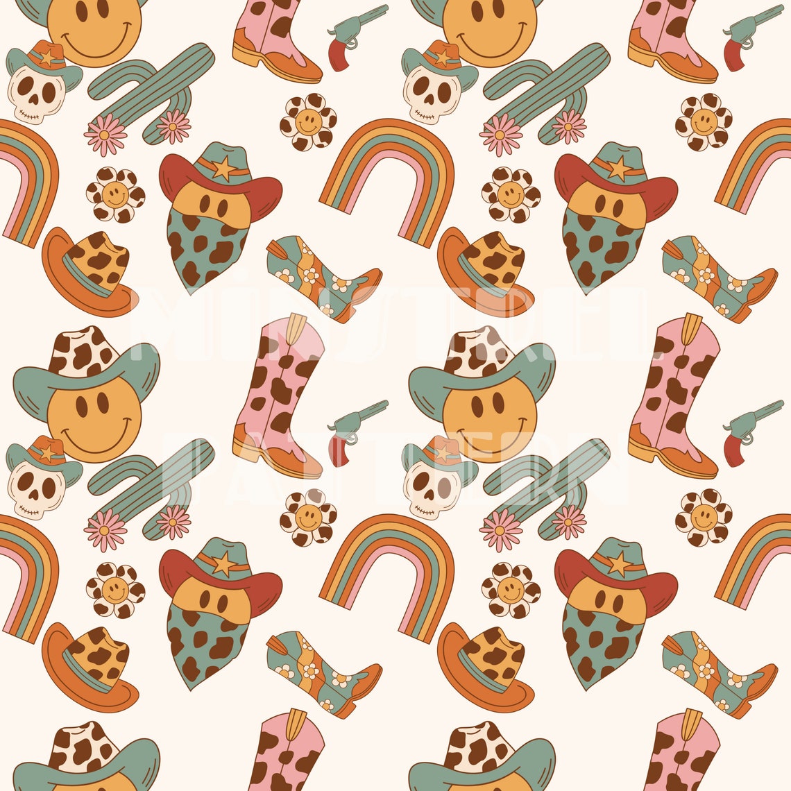 Groovy Western Happy Face Seamless Pattern Files, Retro Cowboy Western ...