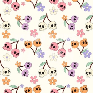Girly Floral Skull Cherry With Daisy Seamless Pattern for Halloween ...