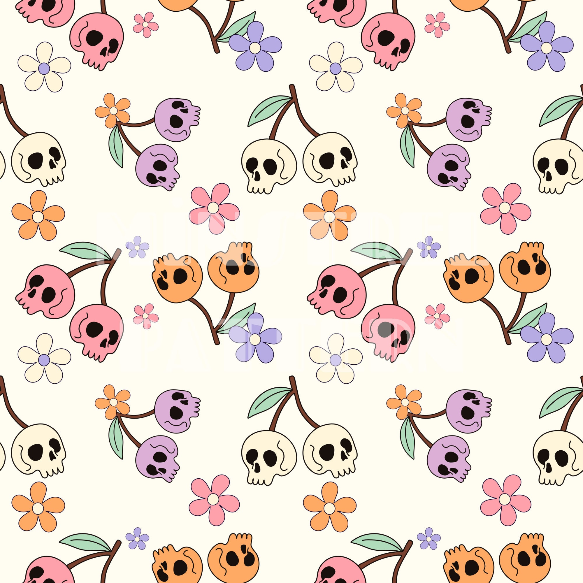 Girly Floral Skull Cherry With Daisy Seamless Pattern for Halloween ...