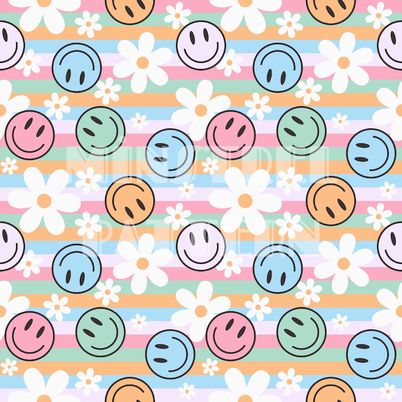 Girl Happy Face Seamless Pattern Files, Stripes Fabric Printing, Groovy ...