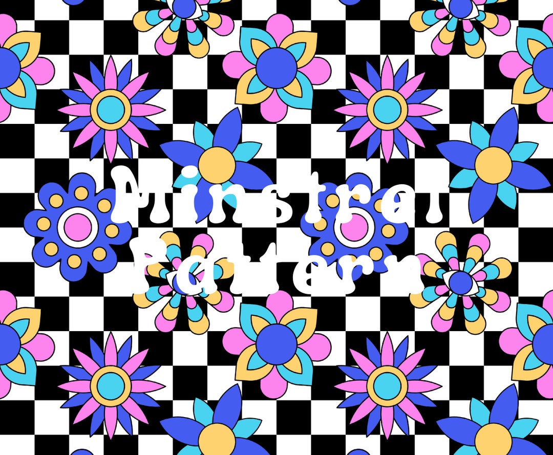 Bright Retro 80s Flowers With Black and White Checkerboard Seamless ...