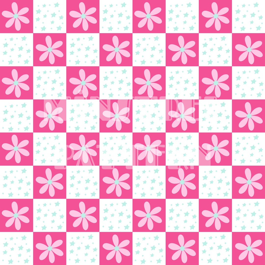 Hot Pink Check and Blue Star Seamless Pattern Files, Floral Checkered ...