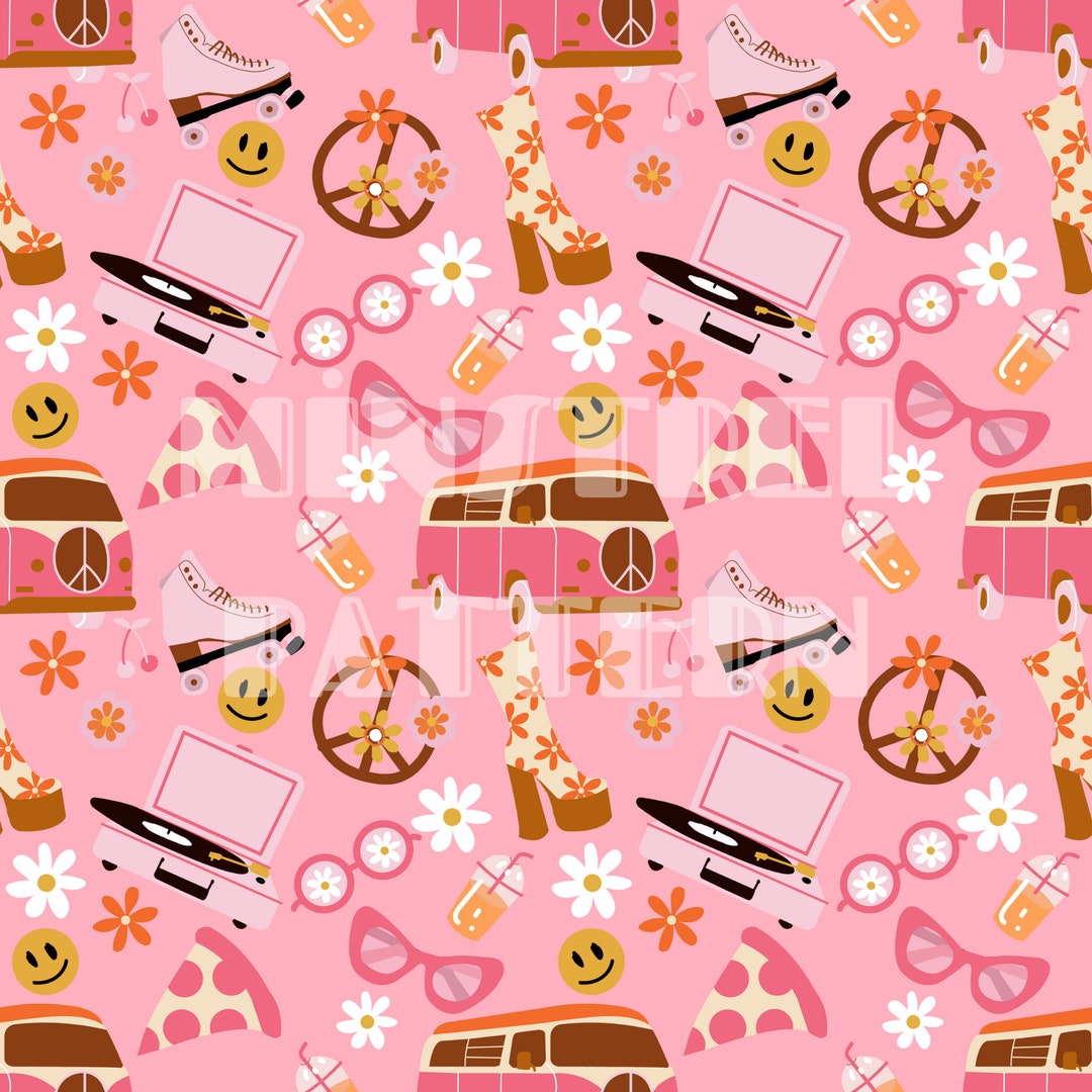 Groovy Bus Girly Seamless Pattern Files, Retro Floral Peace and Pizza ...