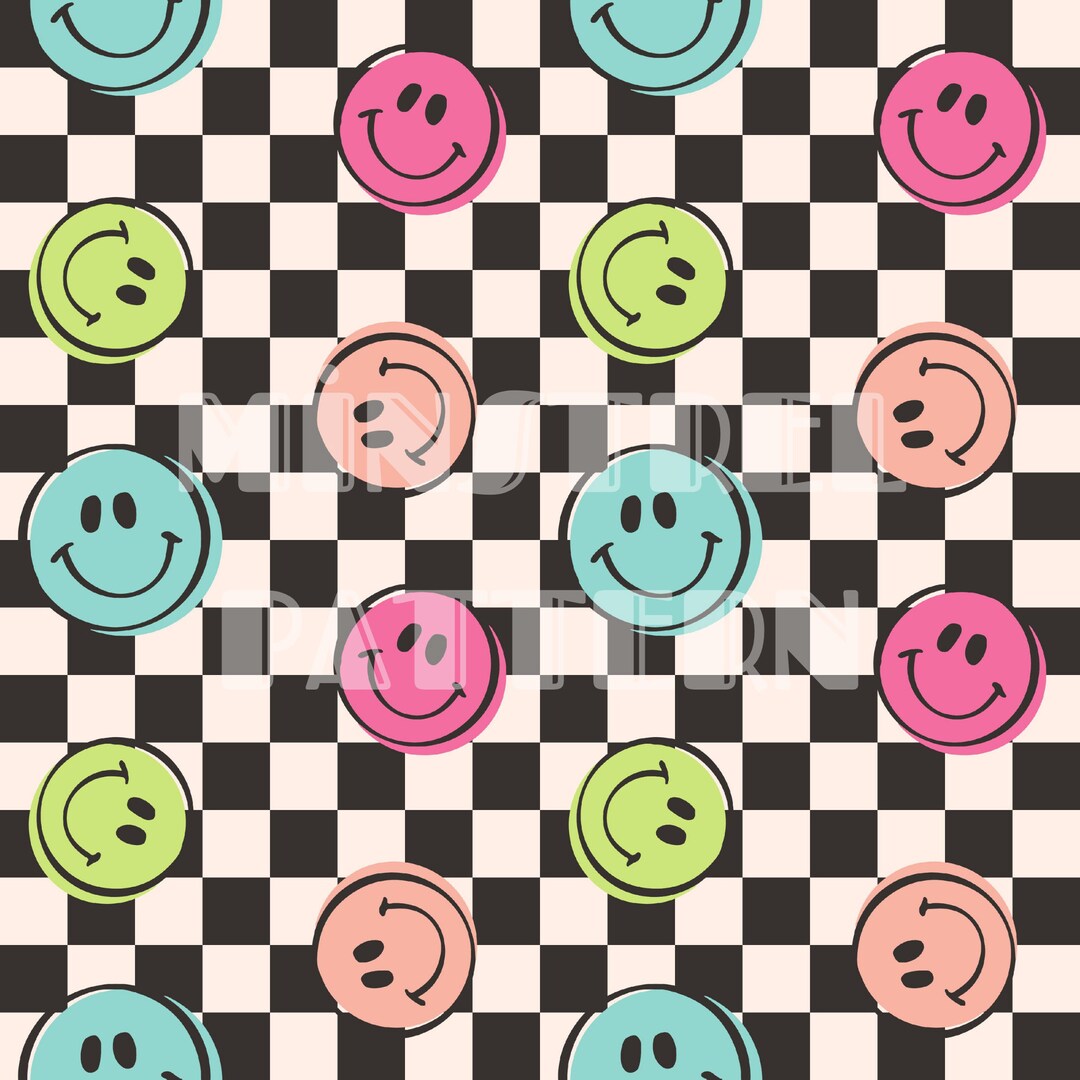Retro Vintage Funky Happy Face Checkered Seamless Pattern Files for ...