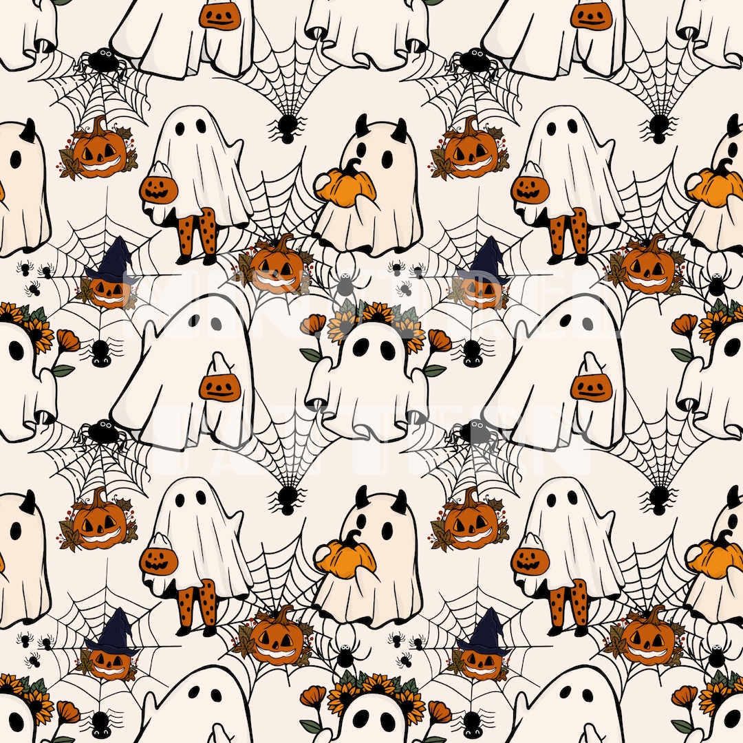 Boho Ghost With Pumpkin Halloween Seamless Pattern for Fabric Printing ...