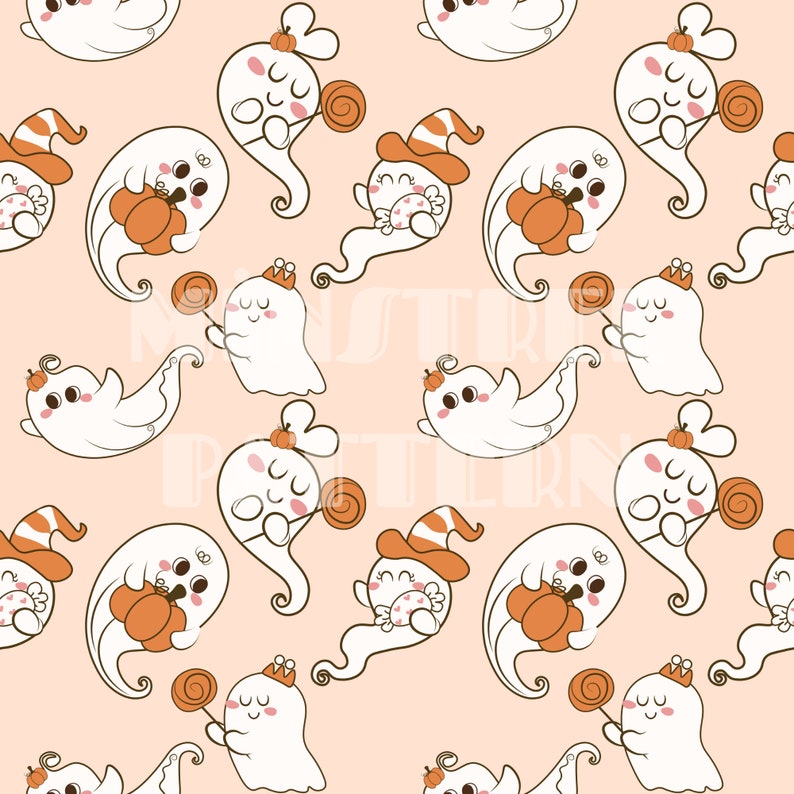 Boho Cute Ghost Seamless Pattern for Halloween Fabric Printing Sublimation, Sublimation File ...
