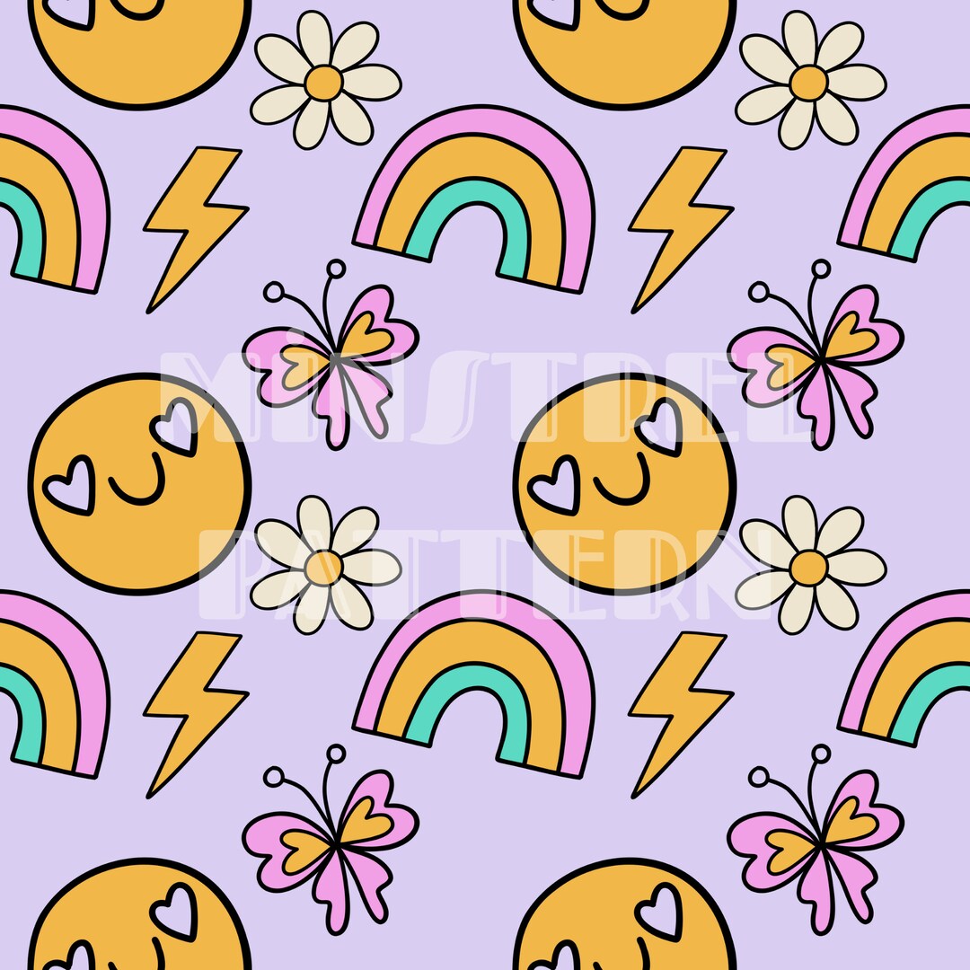 Retro Happy Face Seamless Pattern, Rainbow Fabric Printing Sublimation ...