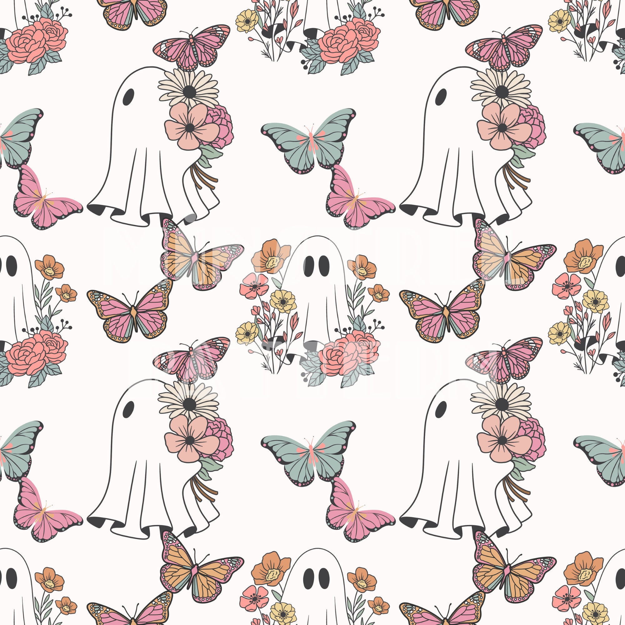Flower and Butterfly With Ghost Seamless Pattern for Halloween Fabric ...