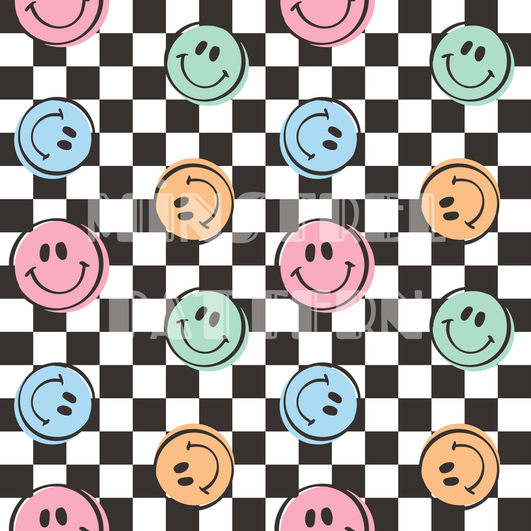 Retro Spring Happy Face With Black and White Checkered Seamless Pattern ...