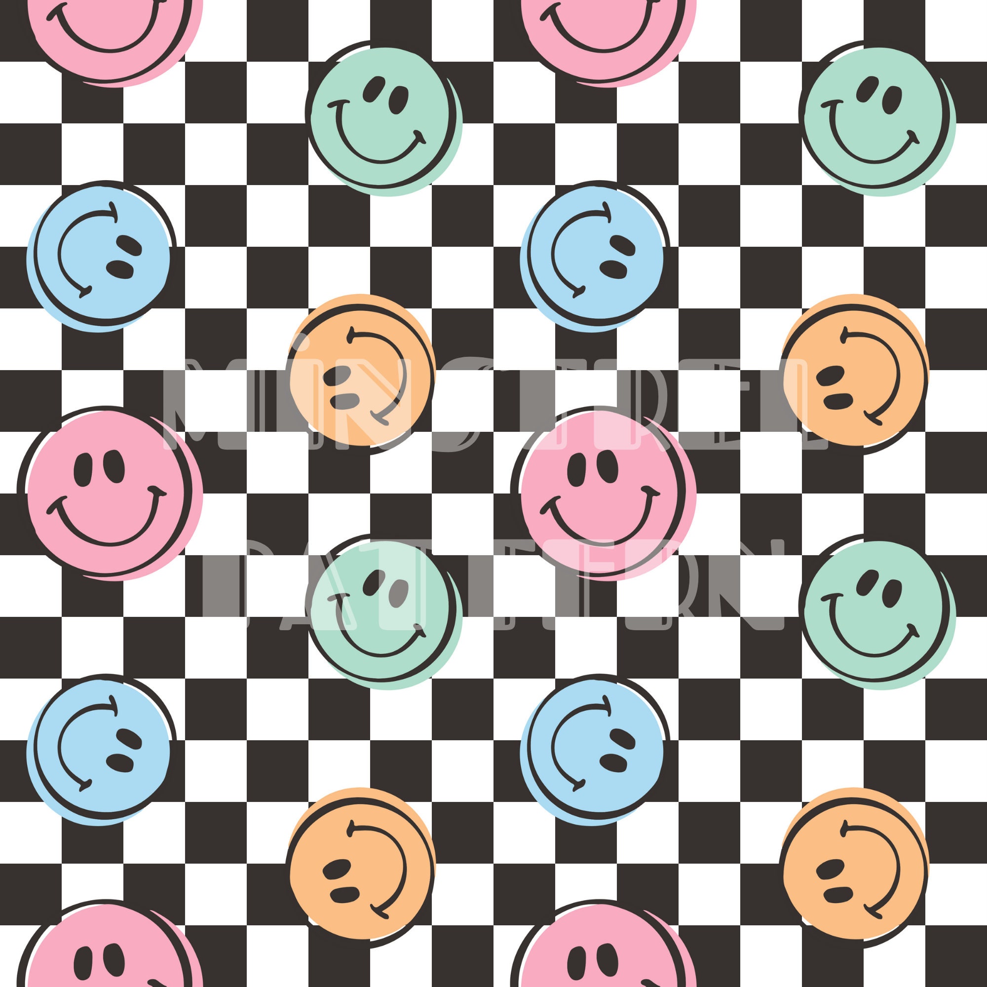 Retro Spring Happy Face With Black and White Checkered Seamless Pattern ...