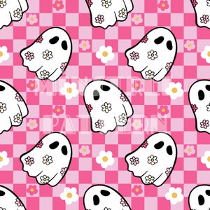 Cute Floral Ghost With Pink and White Daisy and Pink Checkered Seamless ...