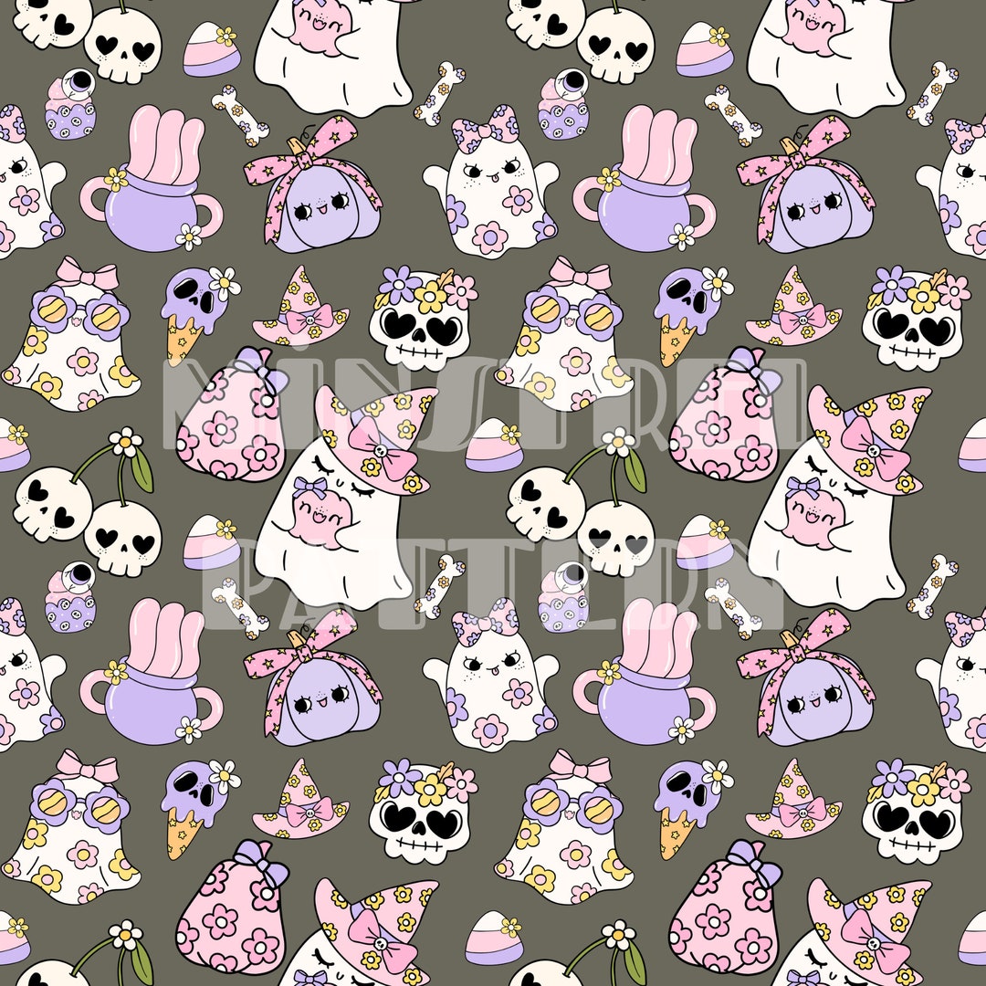 Pastel Halloween Floral Cute Ghost Pumpkin Seamless Pattern for Fabric ...