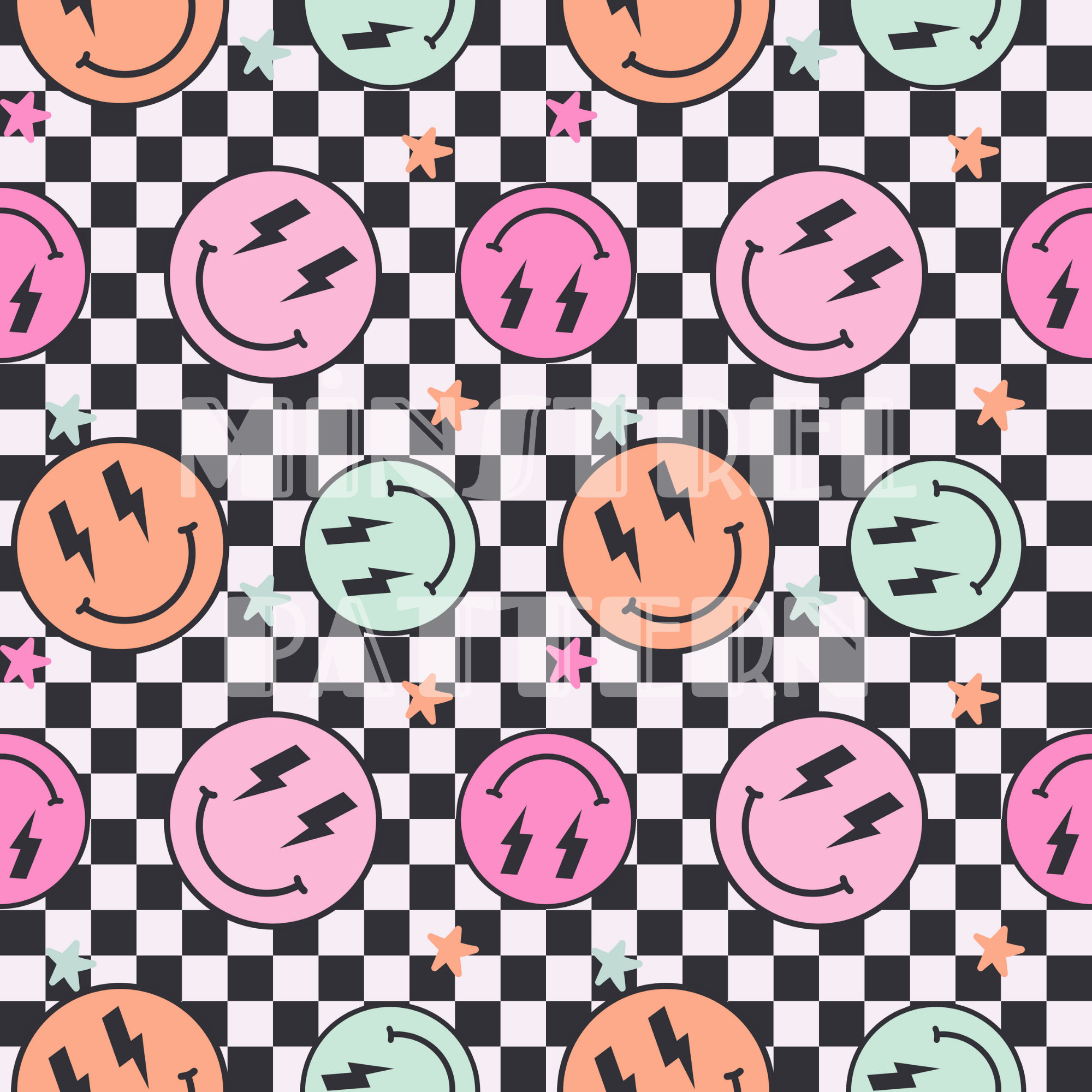 Thunder Happy Face Seamless Pattern, Checkered Fabric Printing ...