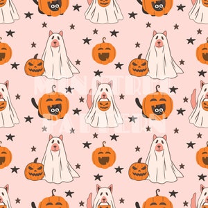 Cute Ghost Dog With Pumpkin Seamless Pattern Files for Halloween Custom ...