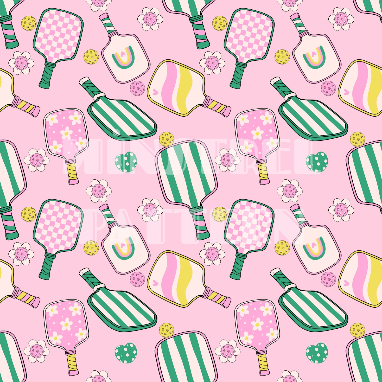 Floral Pickleball Seamless Pattern for Girly Sport Fabric Printing ...