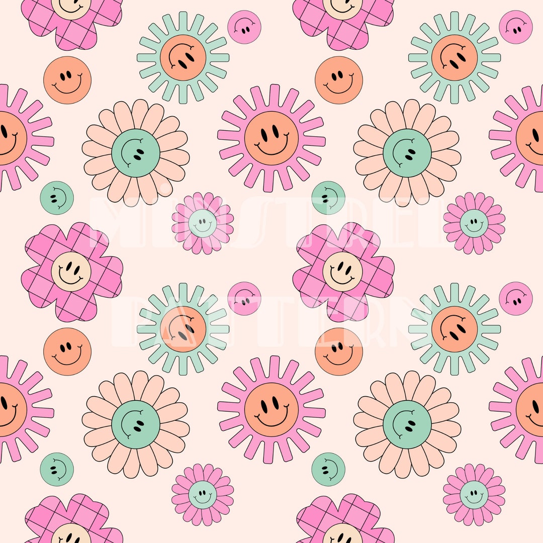 Groovy Checkered Seamless Pattern, Happy Face Daisy Fabric Printing ...